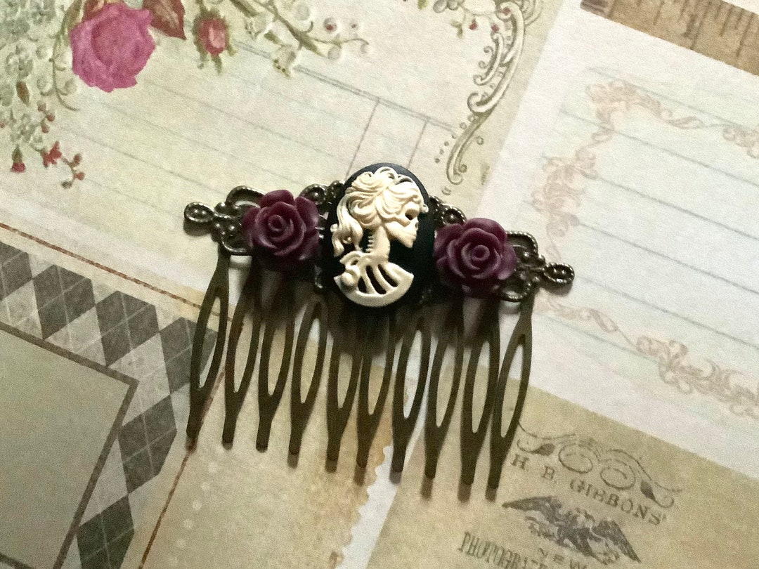 Hair Comb-off White-she Skull-burgundy Roses-brass Comb-hair Accessory ...