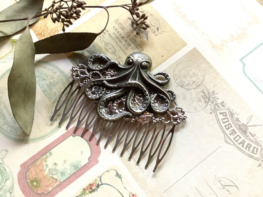 Antique Octopus Silver Tone Comb - Etsy