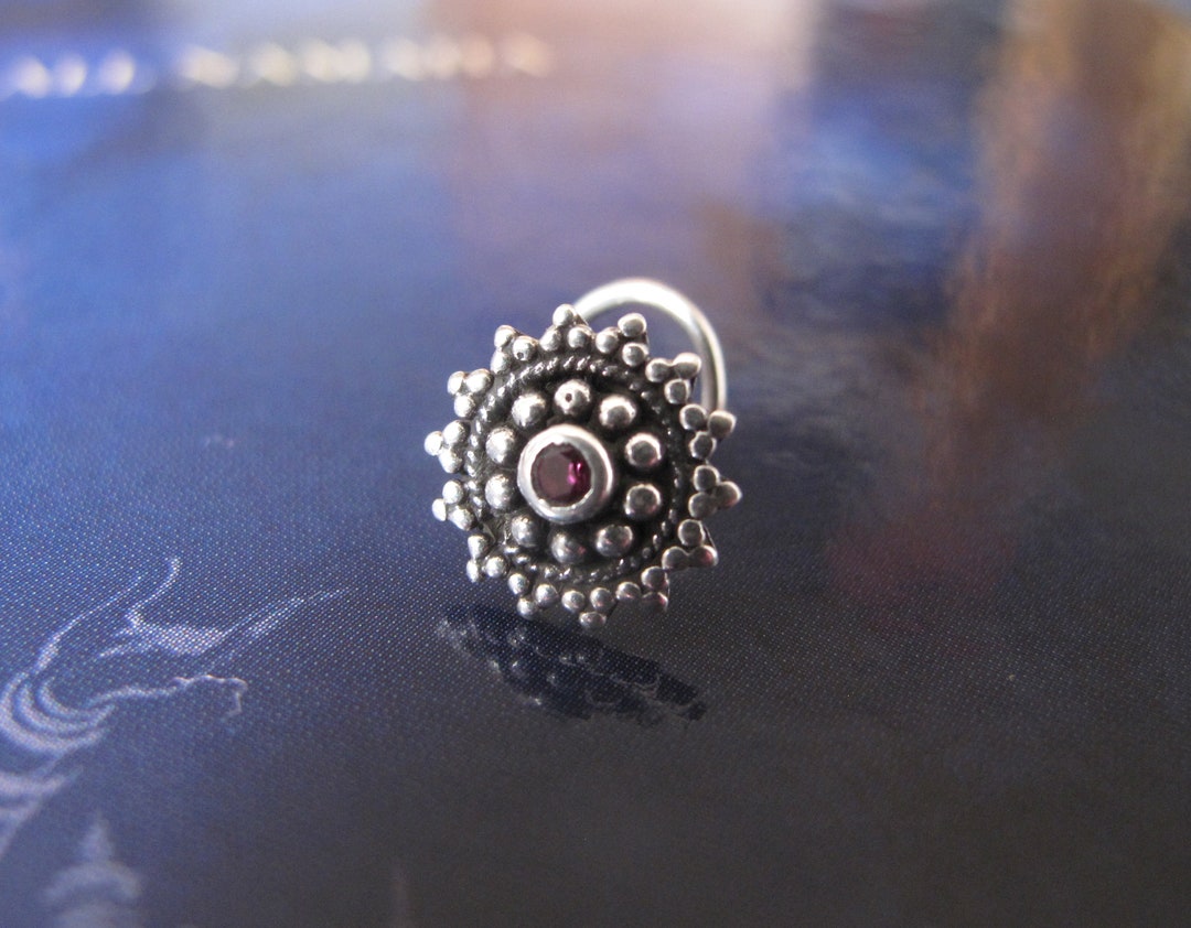 Nose Ring With Red Zircon,silver Nose Ring,indian Nose Ring,gypsy Nose ...