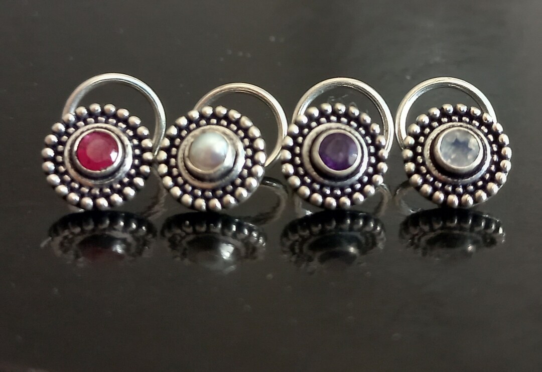 Moon Stone Nose Pin Ruby Nose Ring Flower Silver Nose - Etsy