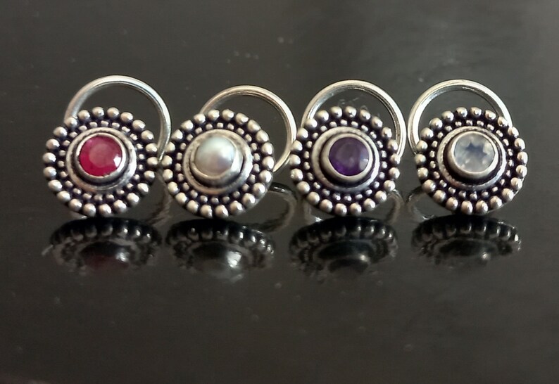 Moon Stone Nose Pin Ruby Nose Ring Flower Silver Nose - Etsy