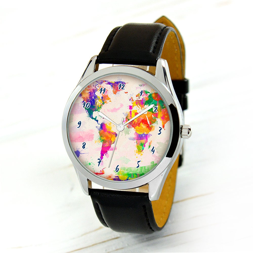 Map Watch World Map Womens Watch Watercolor Art - Etsy