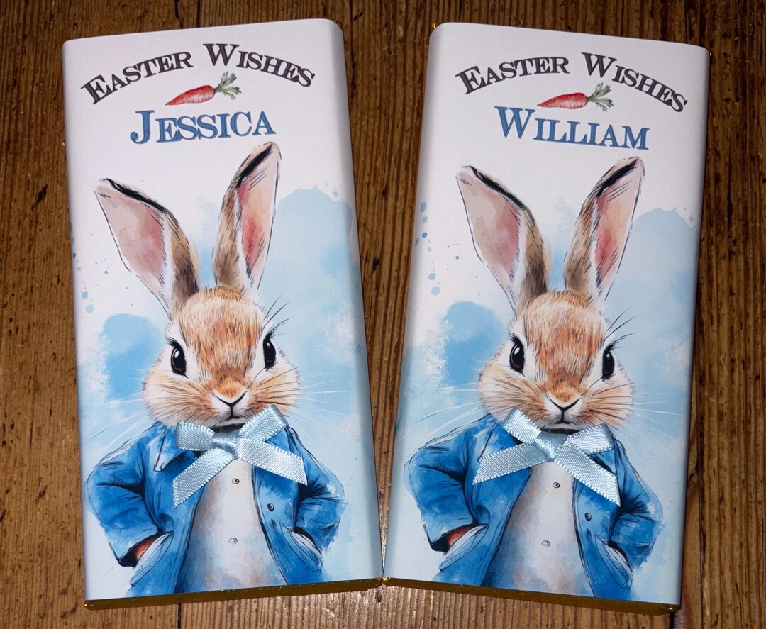 Easter Peter Rabbit Chocolate Bar With a Cute Blue Bow - Personalise ...