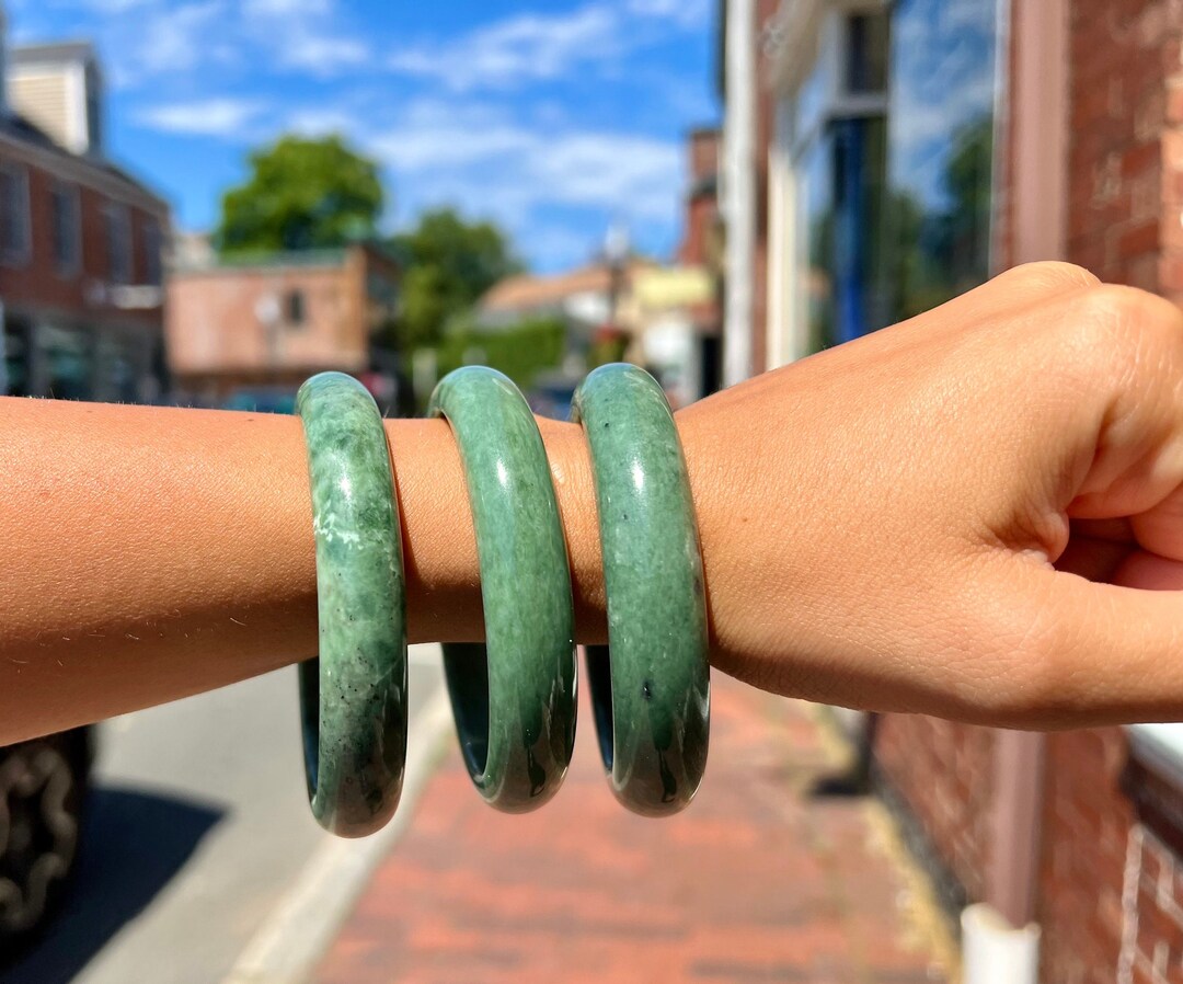 Natural Jade Bangle, Smooth Green Stone Slip-on Bracelet / Natural ...