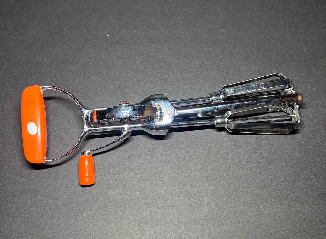 EUC Vintage Retro Orange Hand Held Egg Beater Manual Crank Stainless ...