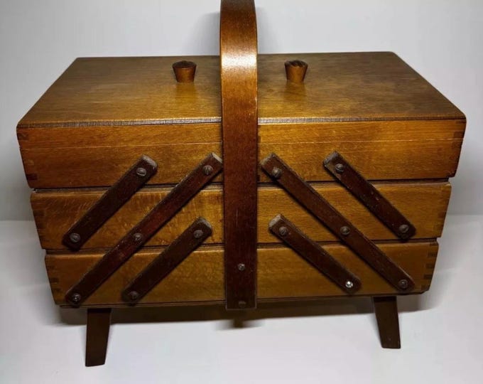 Vintage Wooden Accordion Fold Out Sewing Box 3 Tier Organizer MCM Wood ...