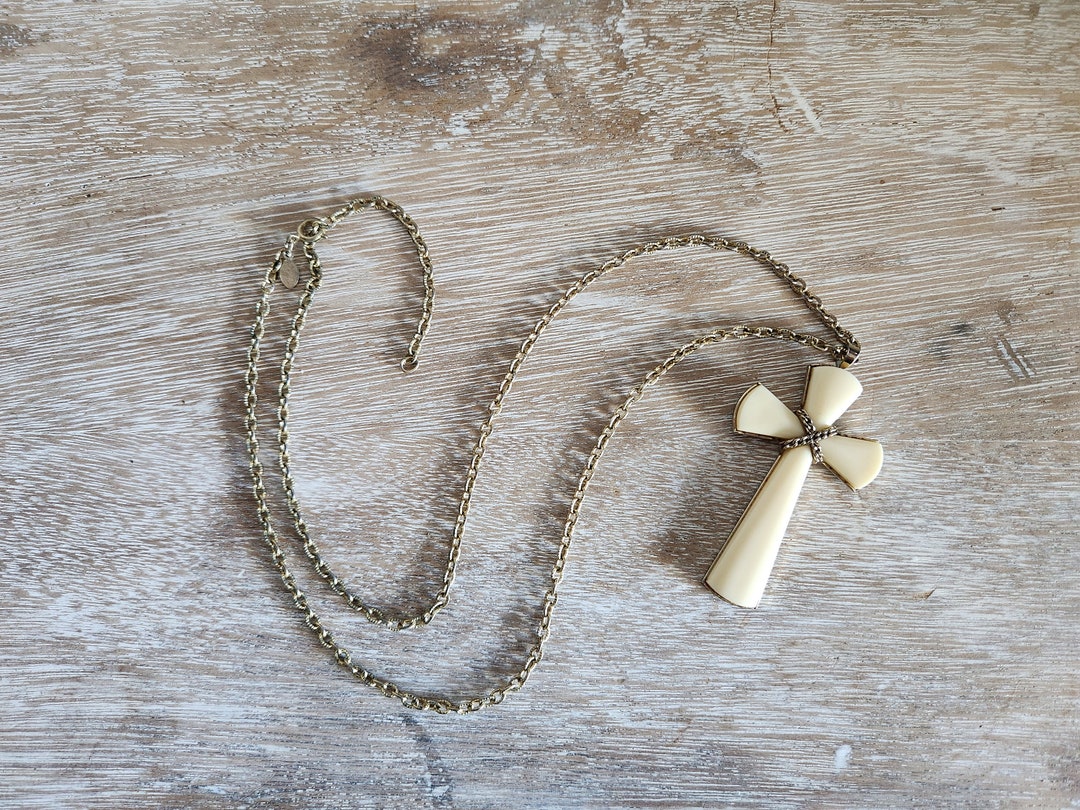 Vintage 80’s Signed Avon Ivory Cream Colored Cross Necklace in Brass ...