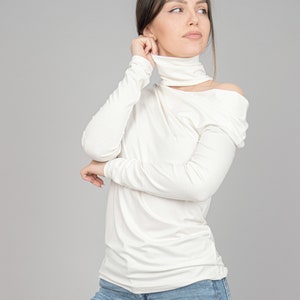 White off Shoulder Polo Top/open Shoulder Long Sleeve Tunic/top/women ...