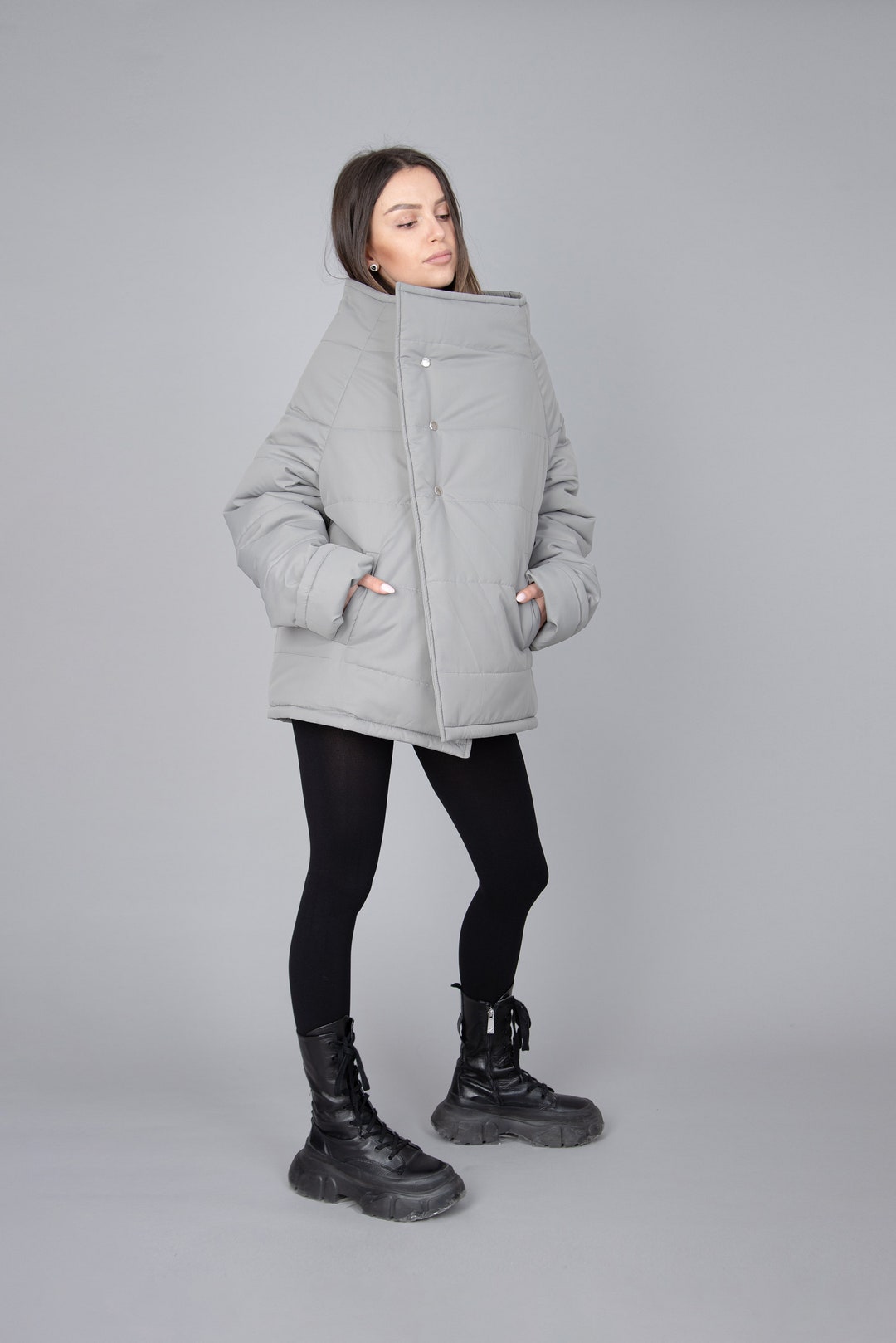 Gray Quilted Jacket/windproof Jacket/gray Warm Jacket/high Neck Jacket ...