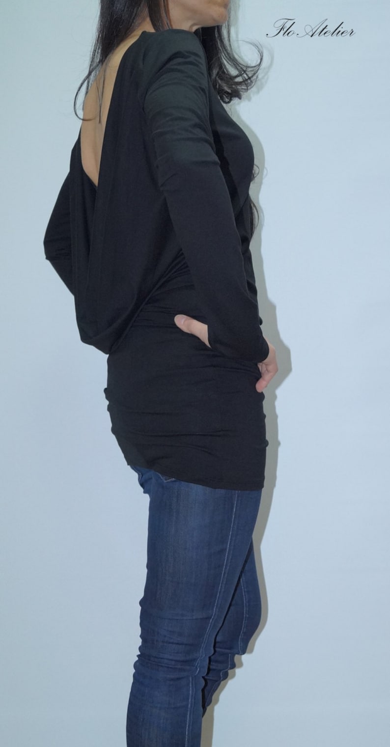 Black Backless Top/tunic Long Sleeves/open Back Slim - Etsy