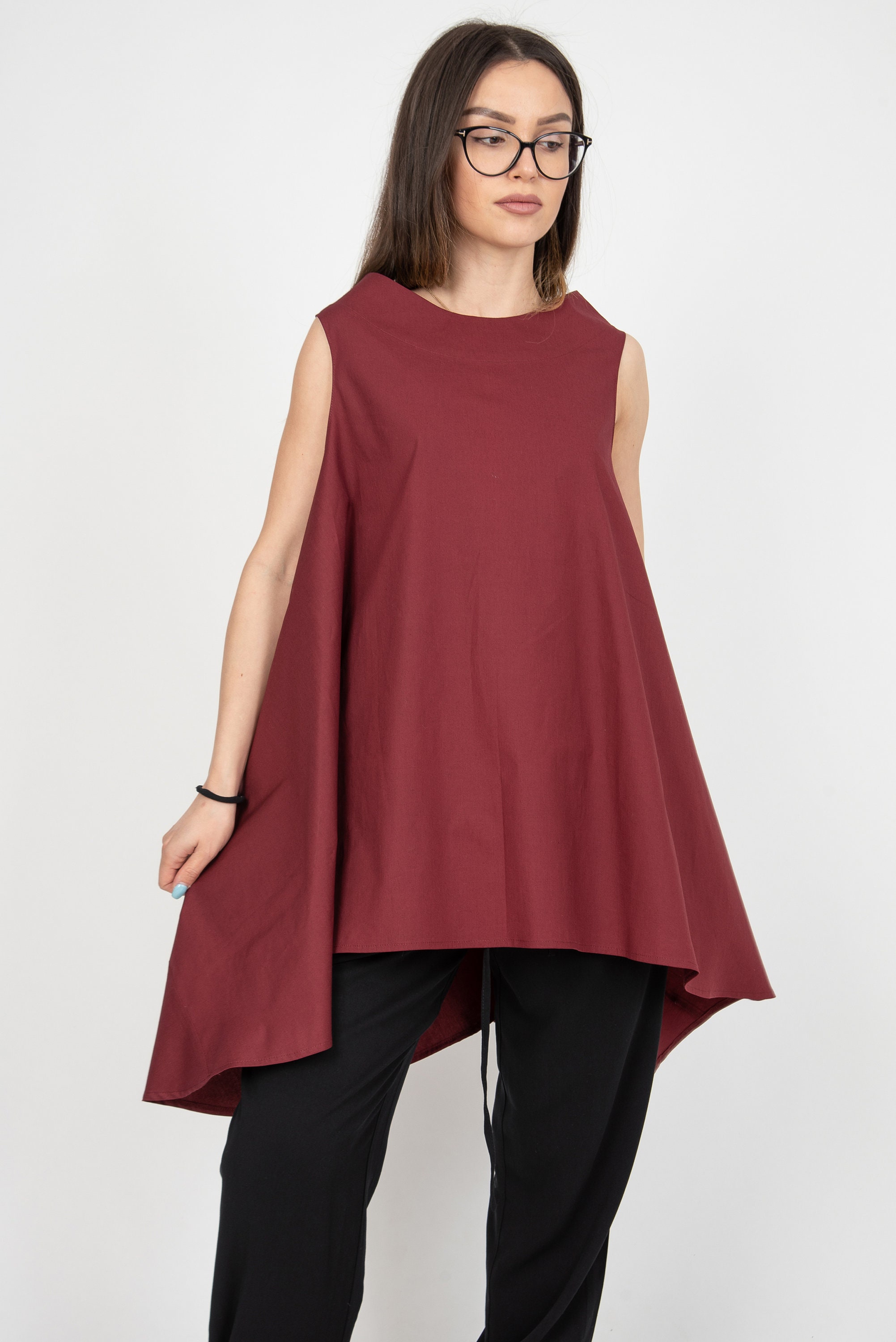 Burgundy Blouse/asymmetric Tunic/sleeveless Cotton Top/poplin Cotton ...