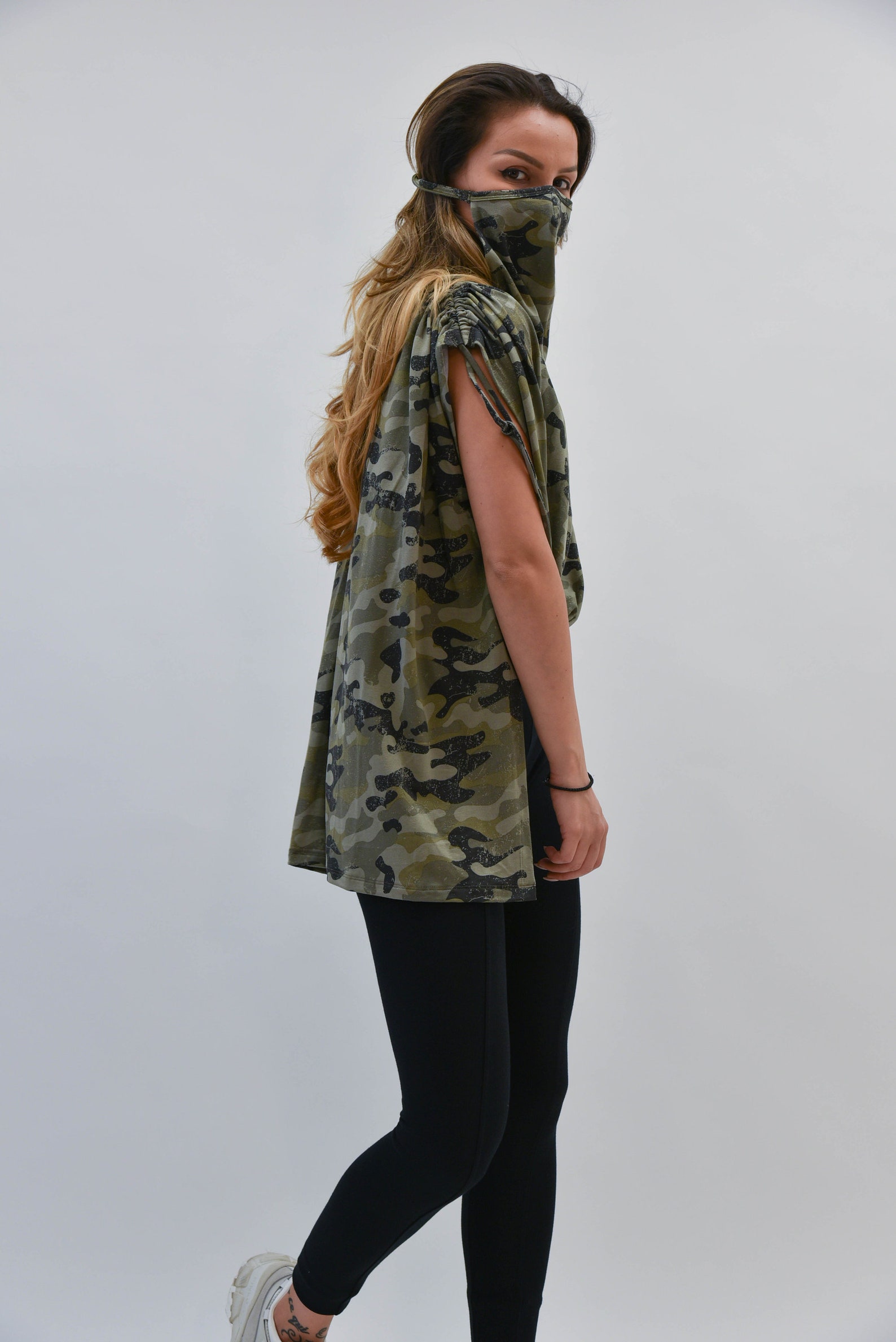 Green 2 in 1 Long Tunic Face Mask/shirt With Integrated Mask/green Camo ...