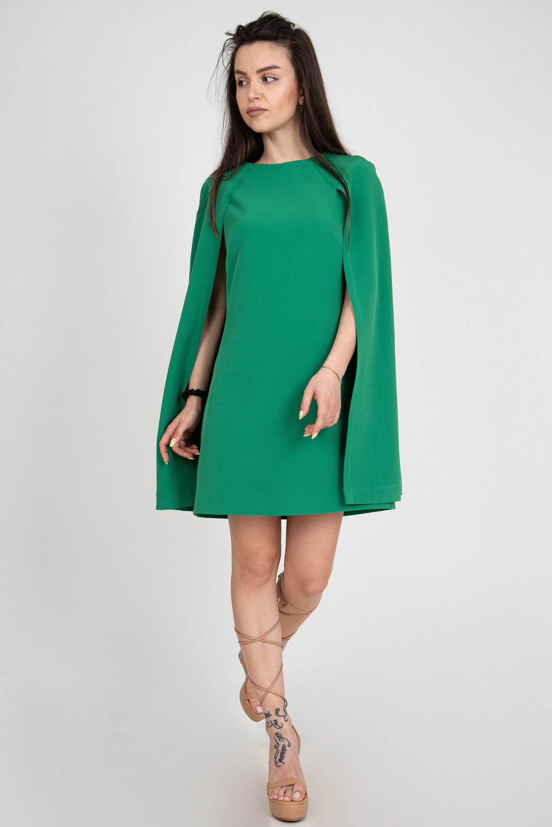 Green Cape Oversized Dress/elegant Flowing Dress/handmade Dress/green ...