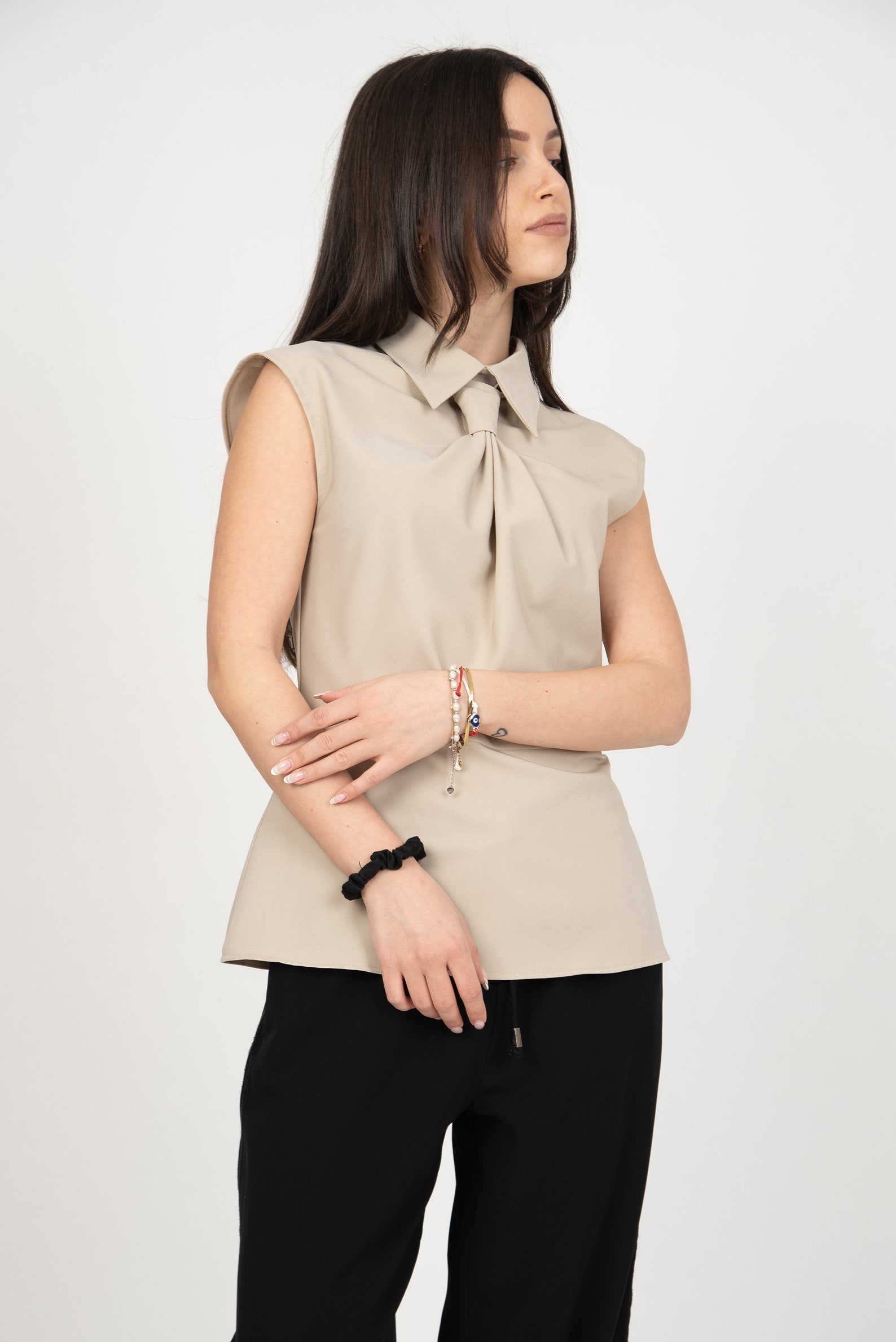 Sleeveless Shirt/handmade Beige Top/smart Shirt/collared Black - Etsy