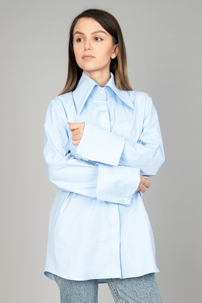 Light Blue Poplin Shirt: Oversized Cuffs, Elegant Cotton Top - Etsy