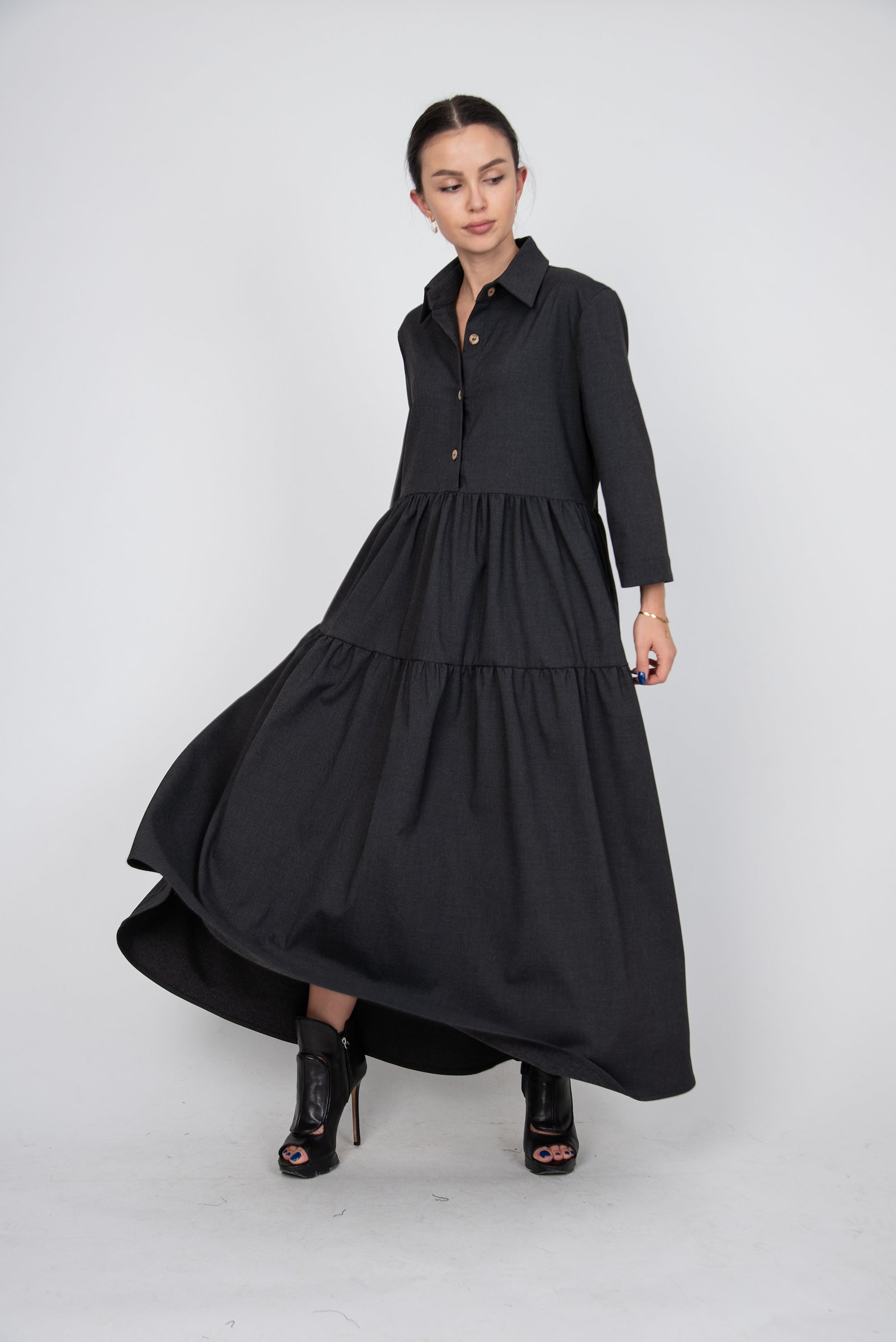 Women's Wool Dress/winter Cozy Dress/black Wool Dress/wool Casual Dress ...