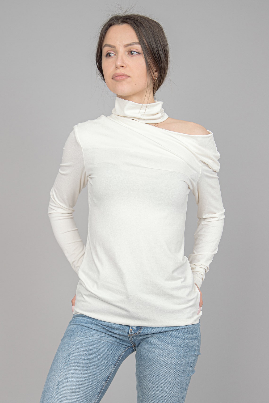 White off Shoulder Polo Top/open Shoulder Long Sleeve - Etsy
