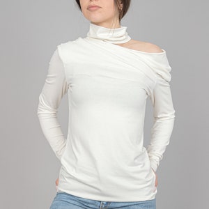 White off Shoulder Polo Top/open Shoulder Long Sleeve Tunic/top/women ...
