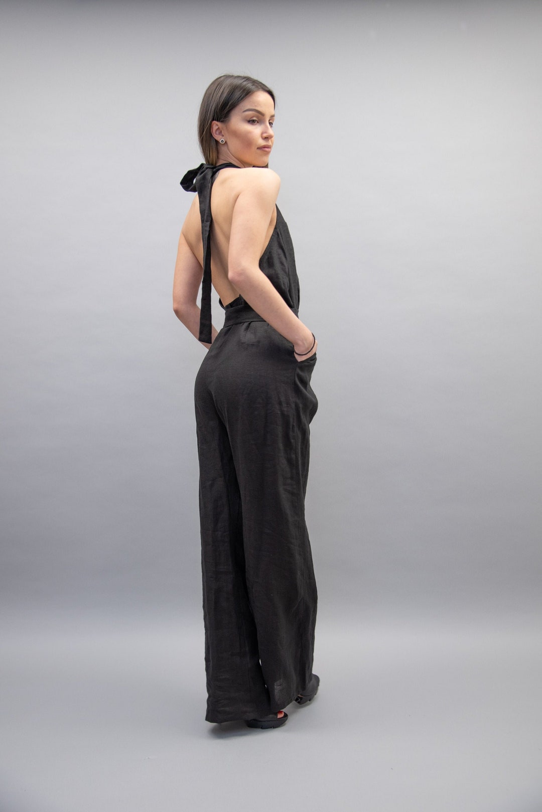 Open Back Black Jumpsuit/linen Black Bodysuit/wide Leg Linen Romper ...