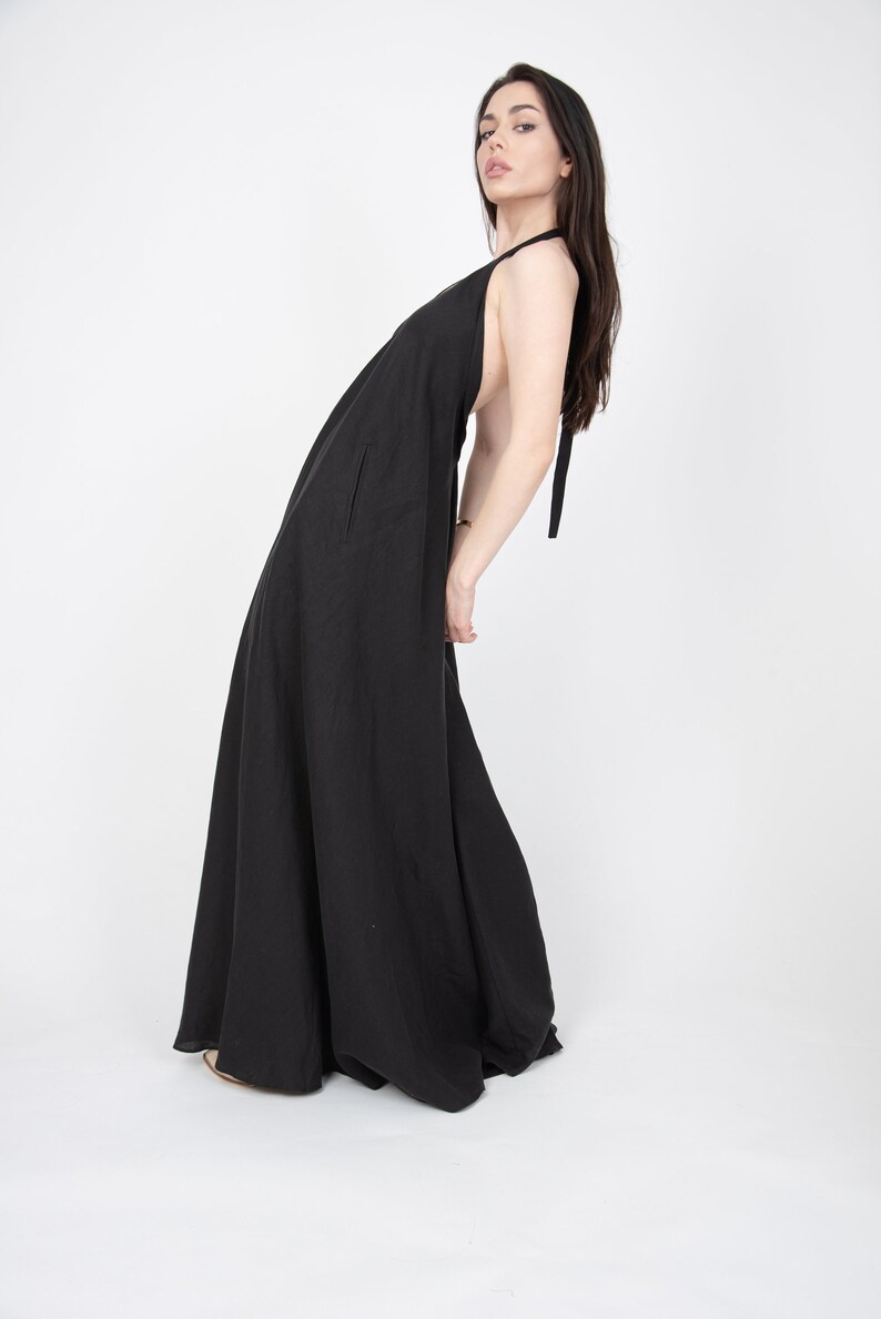 Linen Open Back Dress/black Linen Dress/linen Wedding Dress/linen Maxi ...