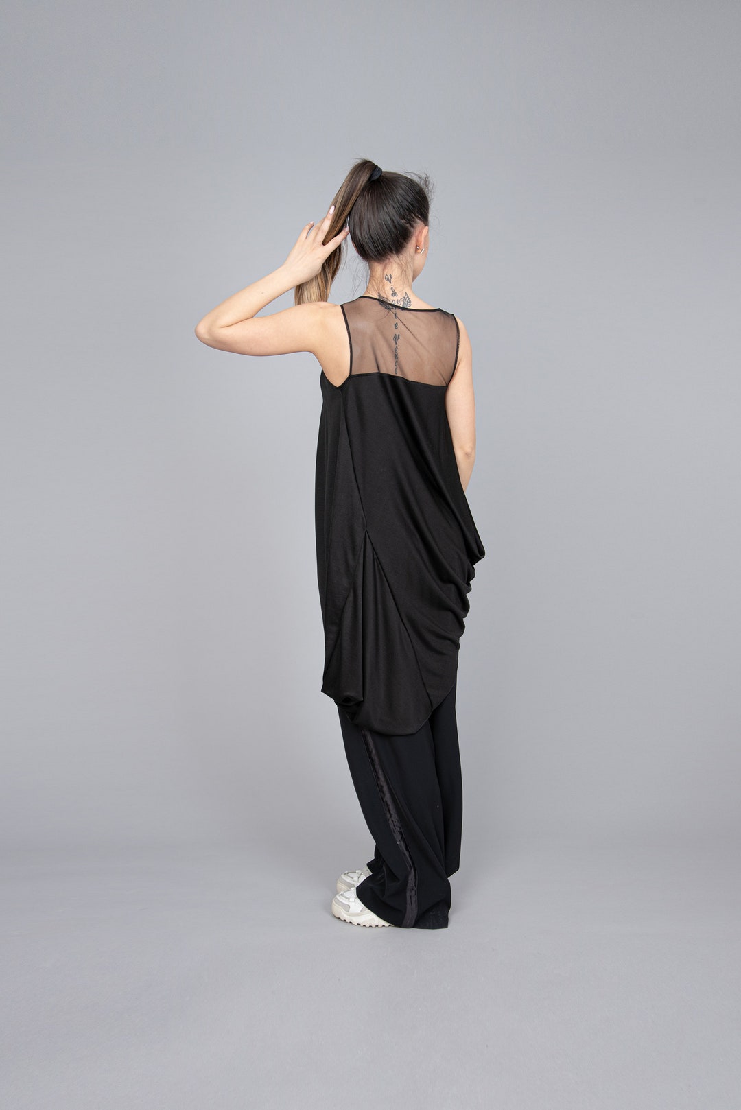 Black Tunic Dress/draped Top/halter Top/tunic With Mesh/transparent ...