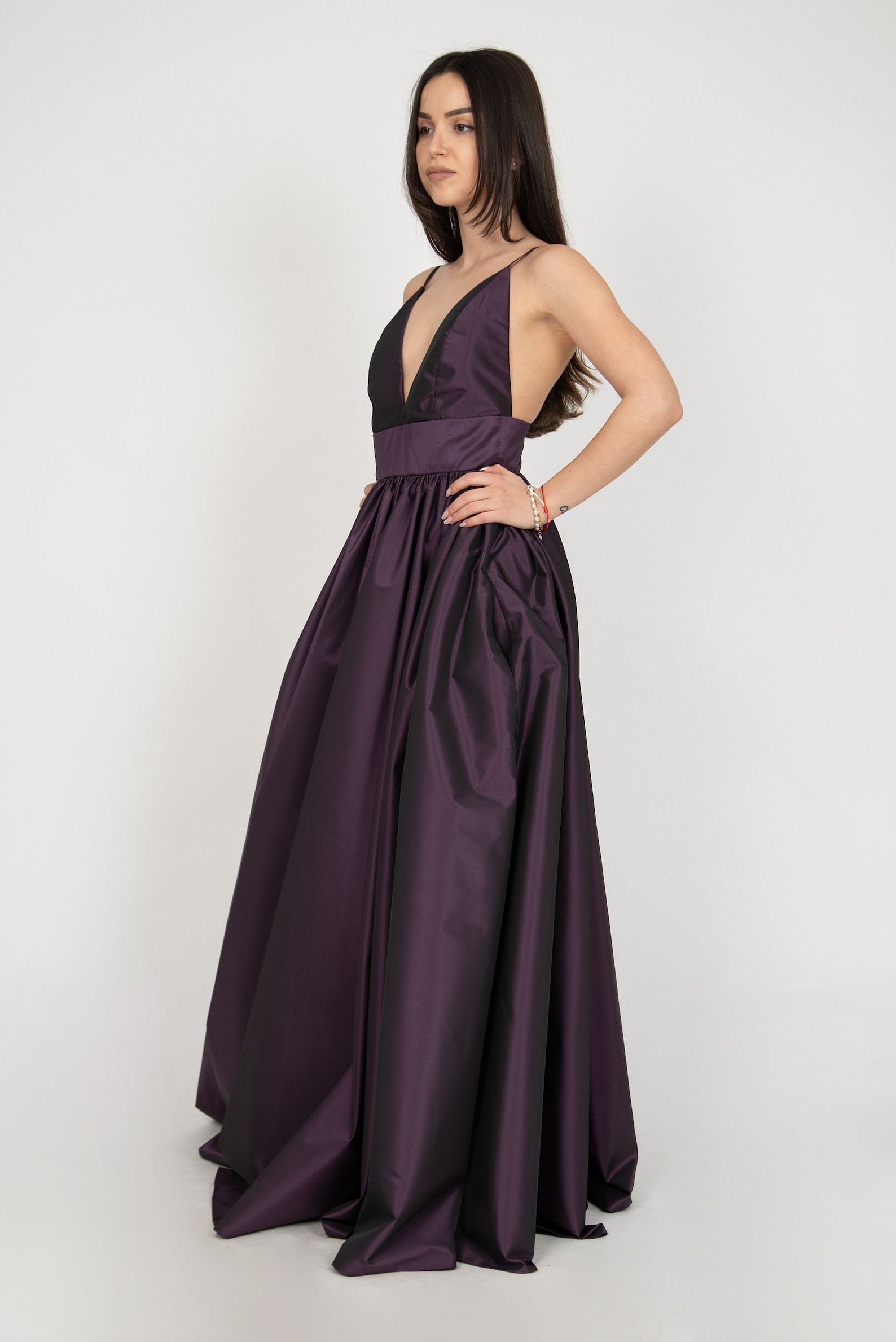Taffeta Dress/evening Dress/long Purple Dress/strap Dress/prom Gown ...