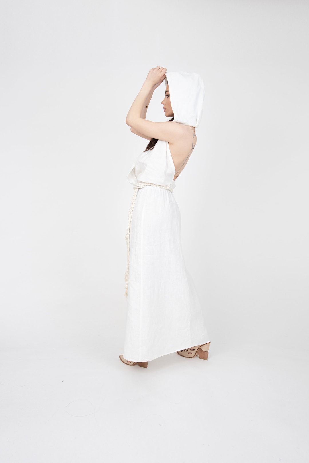 Hooded Linen Dress/linen Open Back Dress/linen Summer Dress/linen Maxi ...