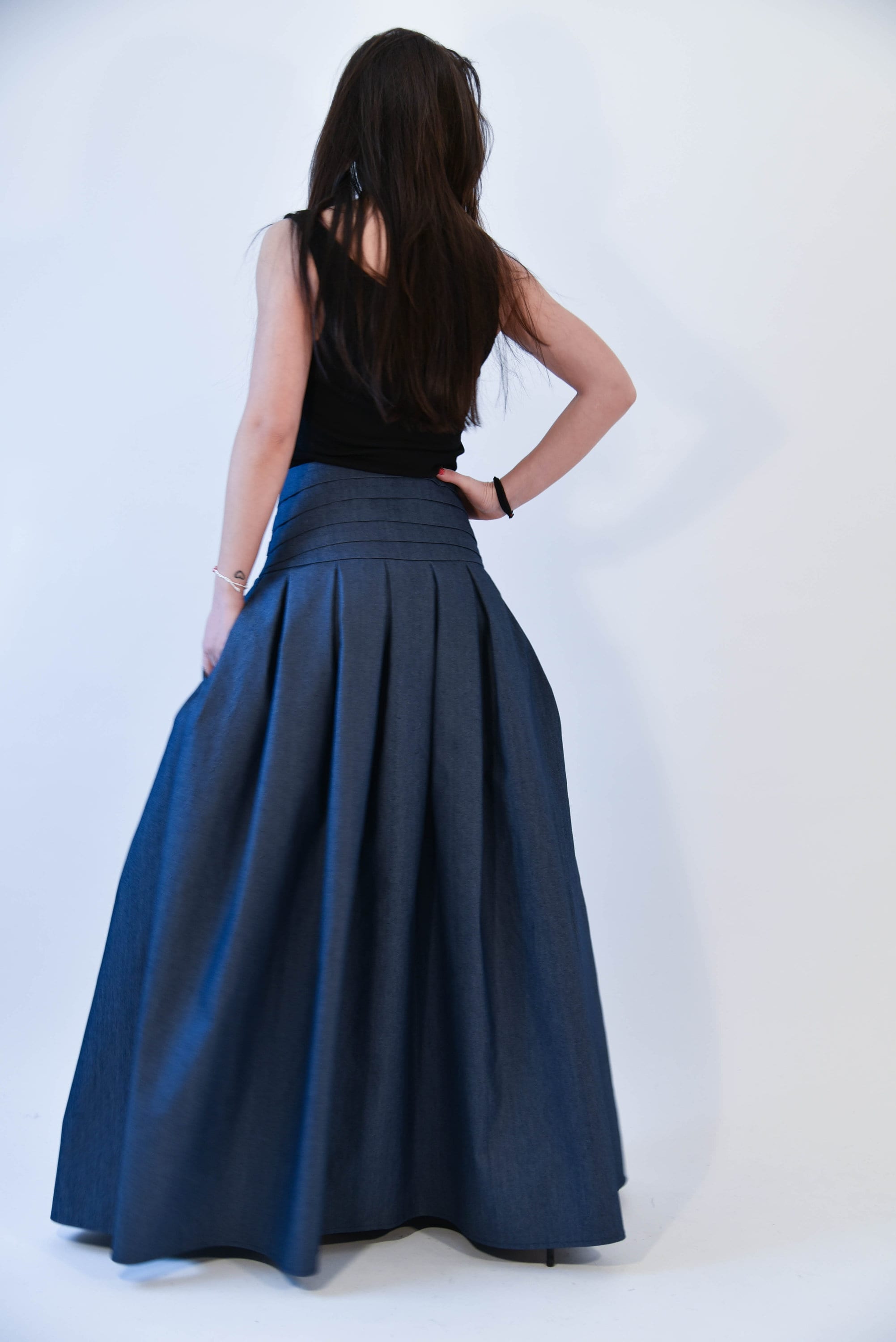 Lovely Blue Denim Maxi Skirt/high Low Waist Skirt/long Waistband Skirt ...