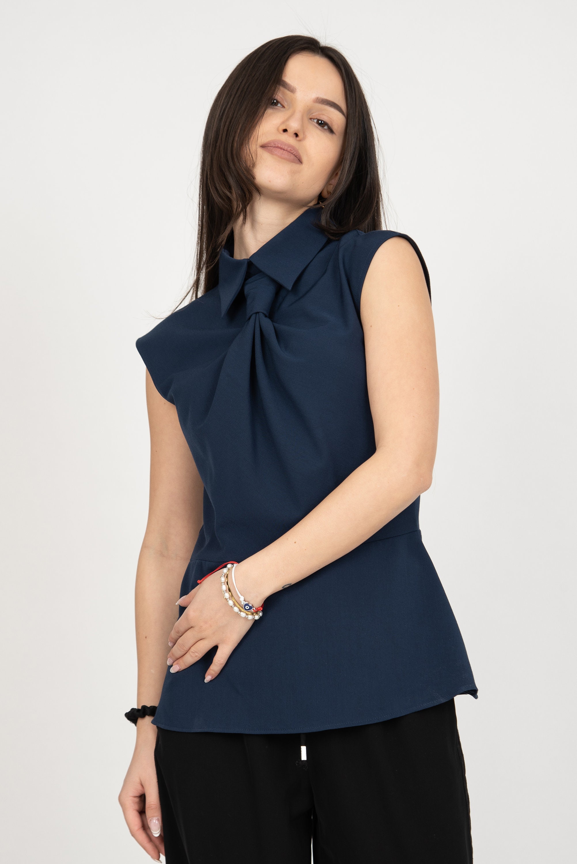 Sleeveless Shirt/handmade Blue Top/navy Blue Smart Shirt/collared Top ...