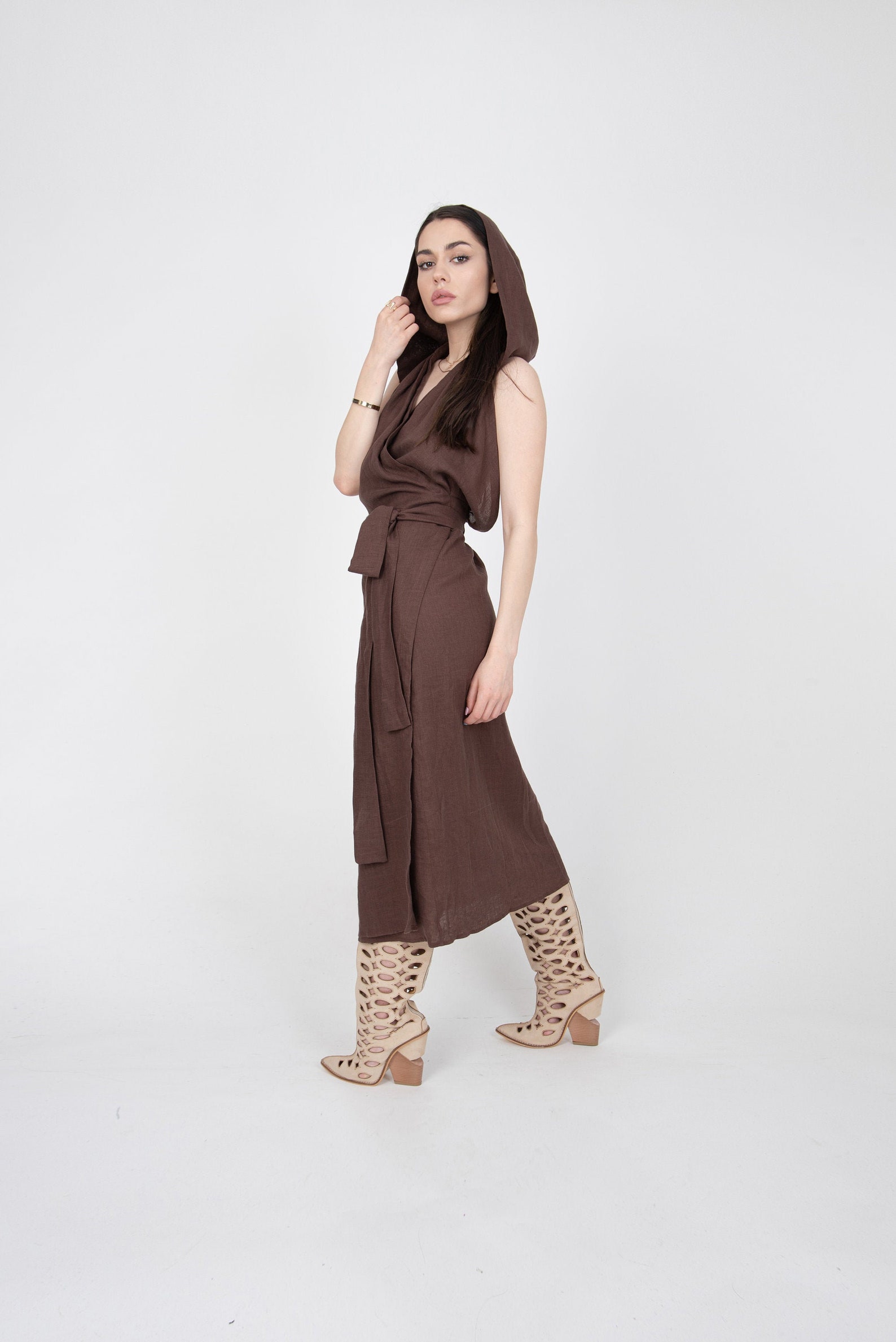 Hooded Linen Dress/linen Open Back Dress/linen Wrap | Etsy