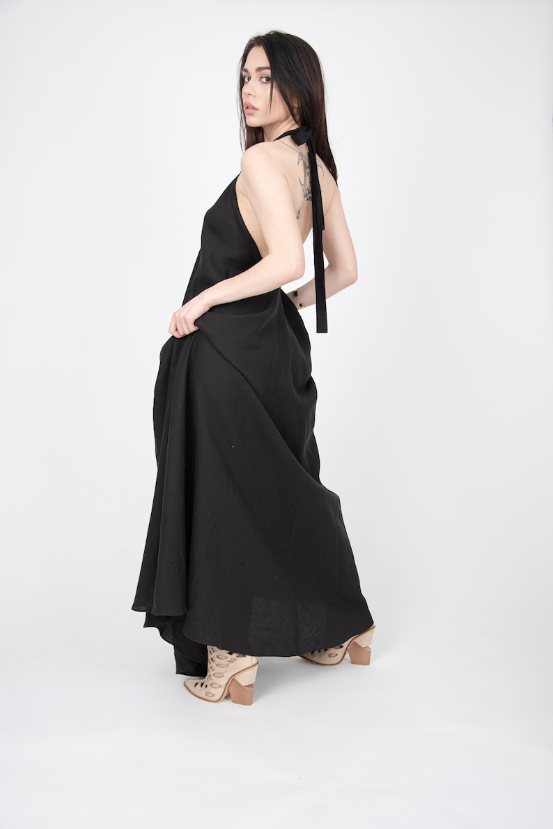 Linen Open Back Dress/black Linen Dress/linen Wedding Dress/linen Maxi ...