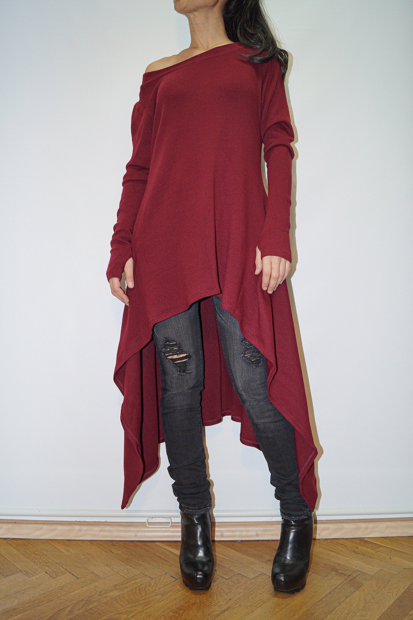 Red Asymmetrical Wool Blend Sweater Dress, Oversized Knit Top - Etsy