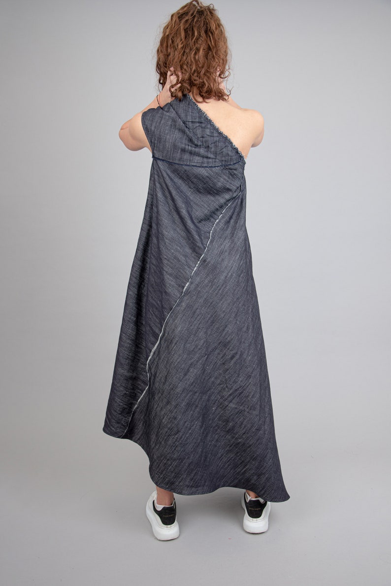 One Shoulder Dress/denim Kaftan/asymmetrical Tunic/denim Maxi Dress ...