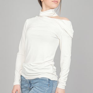 White off Shoulder Polo Top/open Shoulder Long Sleeve Tunic/top/women ...