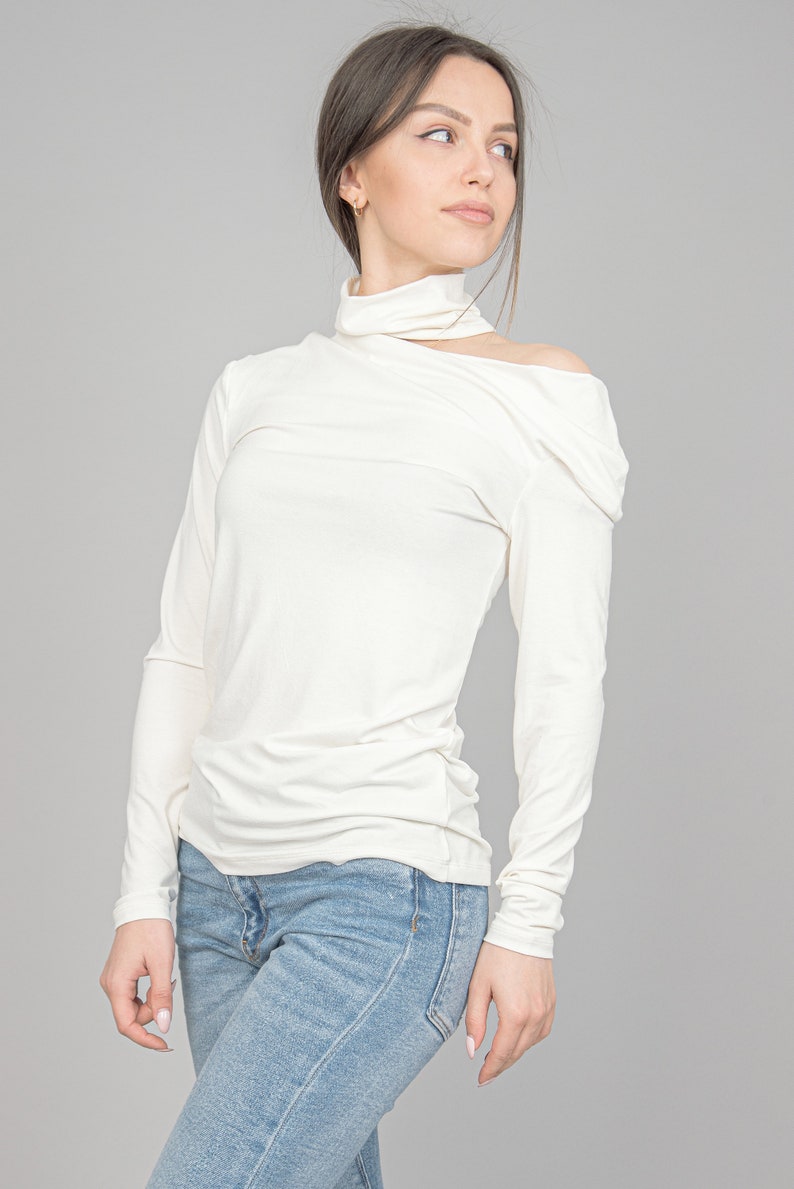 White off Shoulder Polo Top/open Shoulder Long Sleeve - Etsy