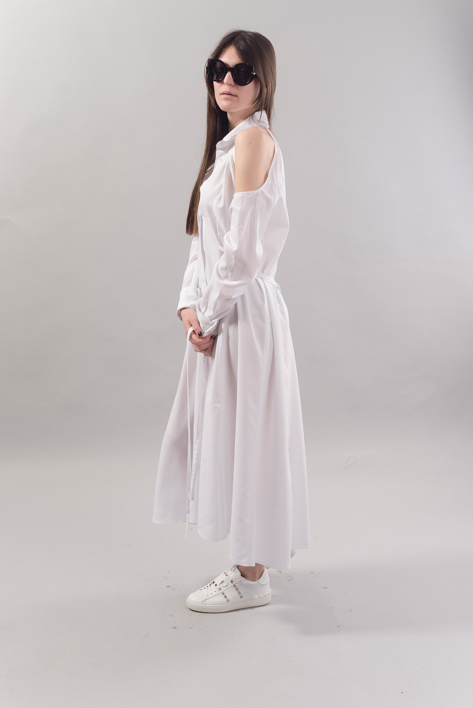 Open Shoulders Dress/Long Shirt-Dress/Cotton | Etsy