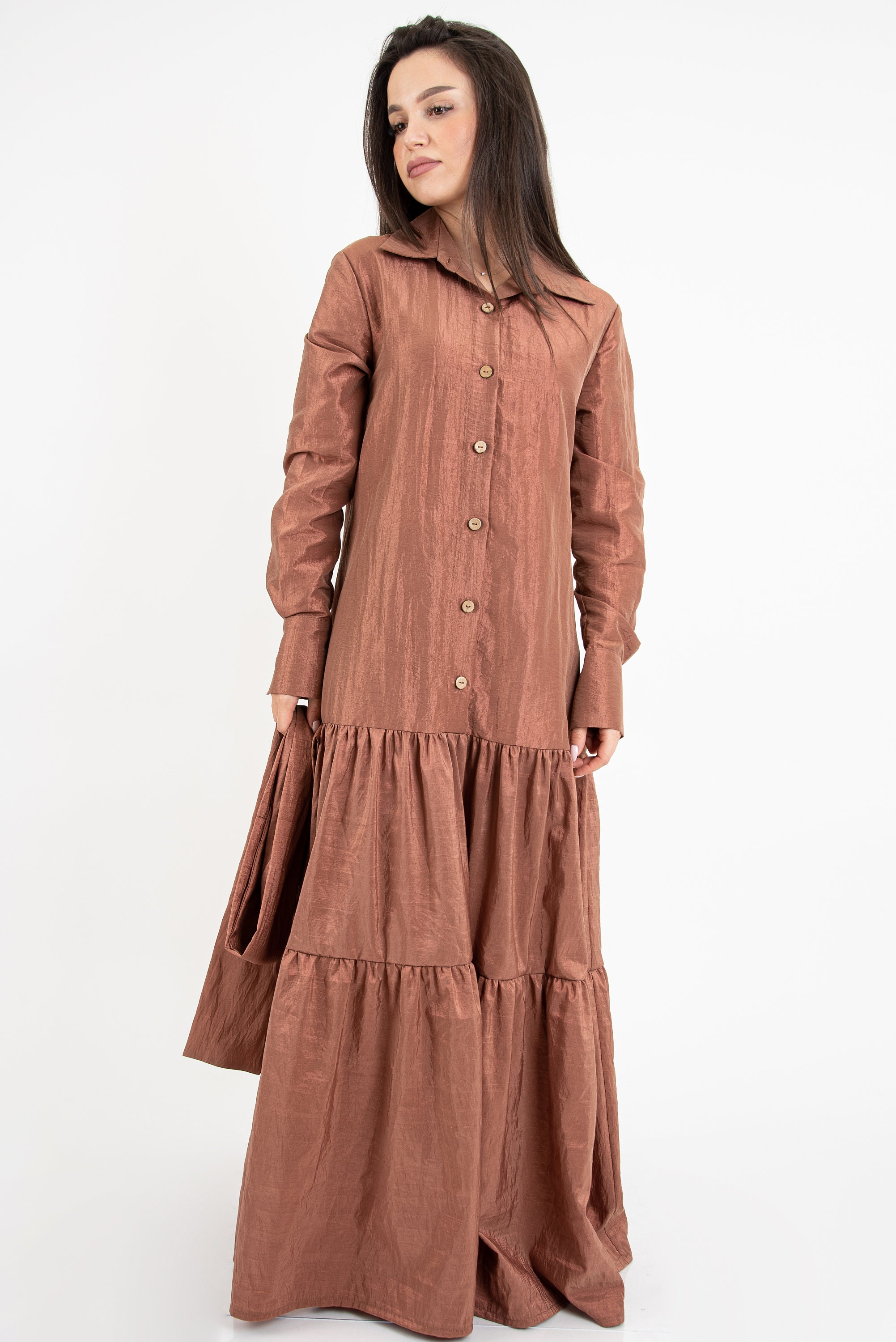 Taffeta Dress/bronze Tiered Women Maxi Shirtdress/long Sleeved Tunic ...
