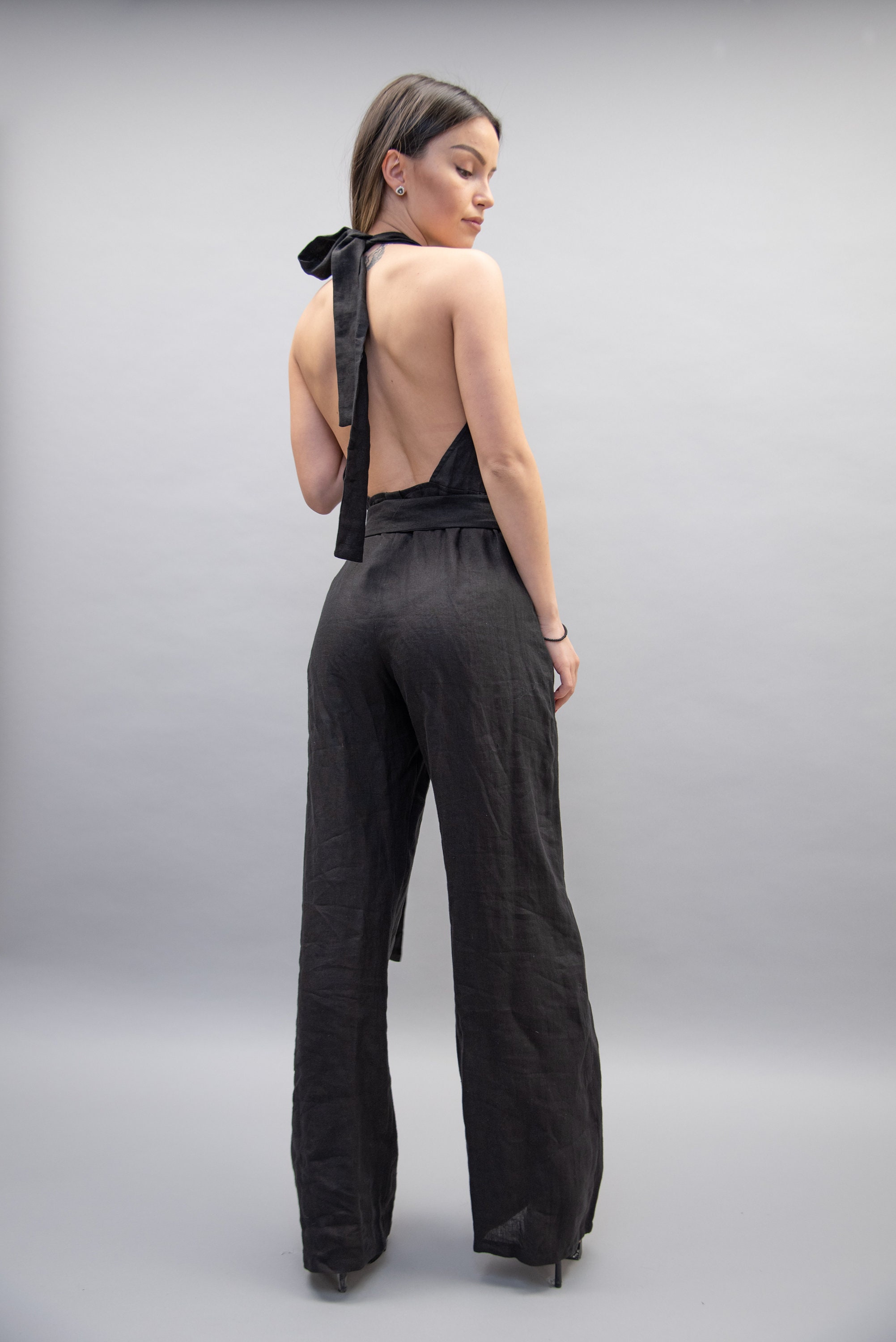 Open Back Black Jumpsuit/linen Black Bodysuit/wide Leg Linen Romper ...