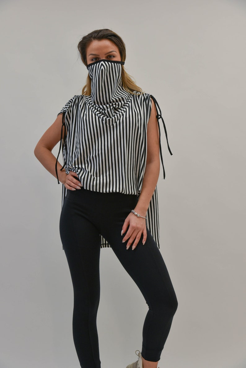 Stripe 2 in 1 Long Tunic Face Mask/shirt With Integrated Mask/white ...