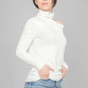 White off Shoulder Polo Top/open Shoulder Long Sleeve Tunic/top/women ...