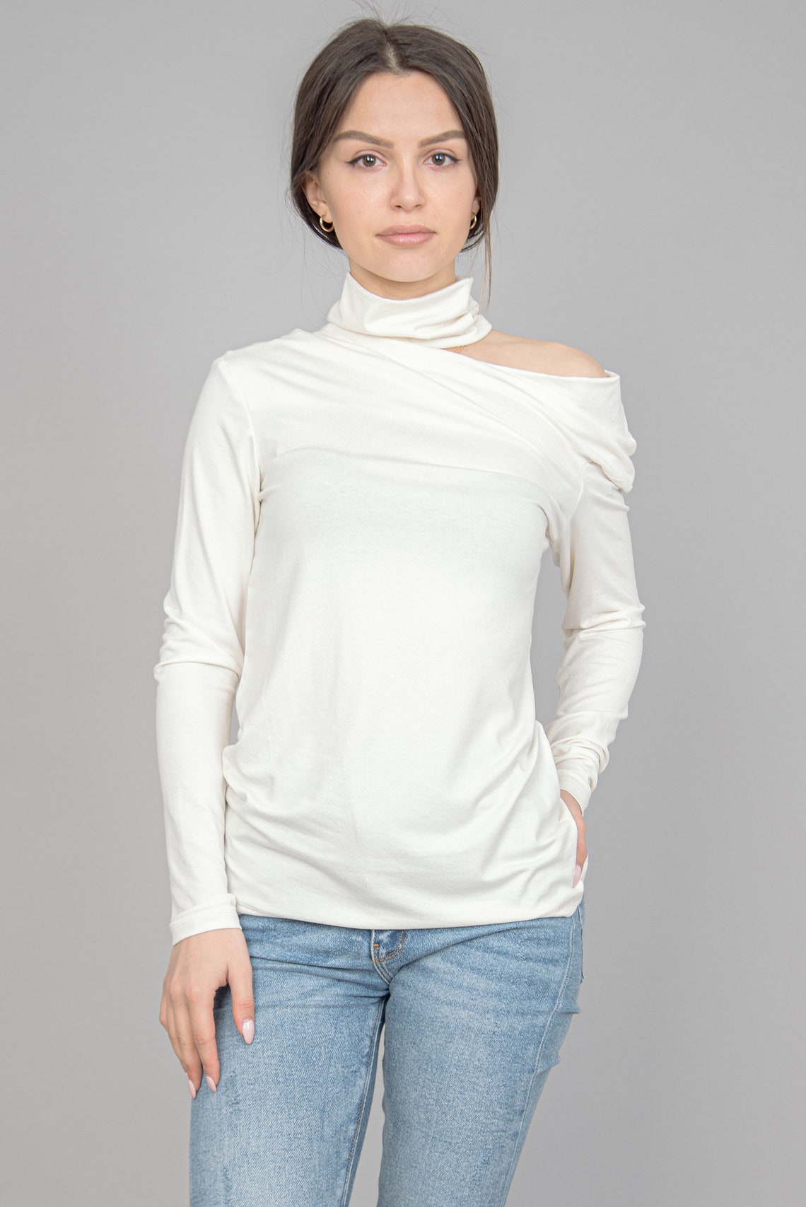 White off Shoulder Polo Top/open Shoulder Long Sleeve - Etsy
