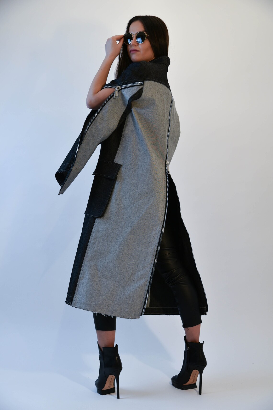 Patch Pocket Coat/Long Denim Coat/All Season Collar | Etsy