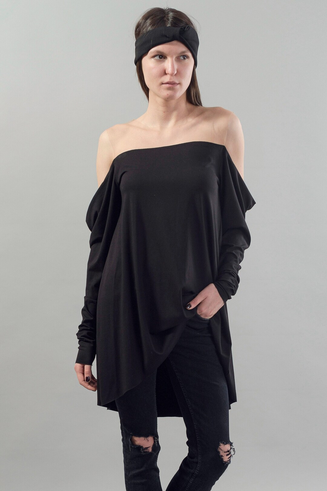 Open Shoulder Top/black Maxi Shirt/jersey Cotton Blouse/fashion Top ...