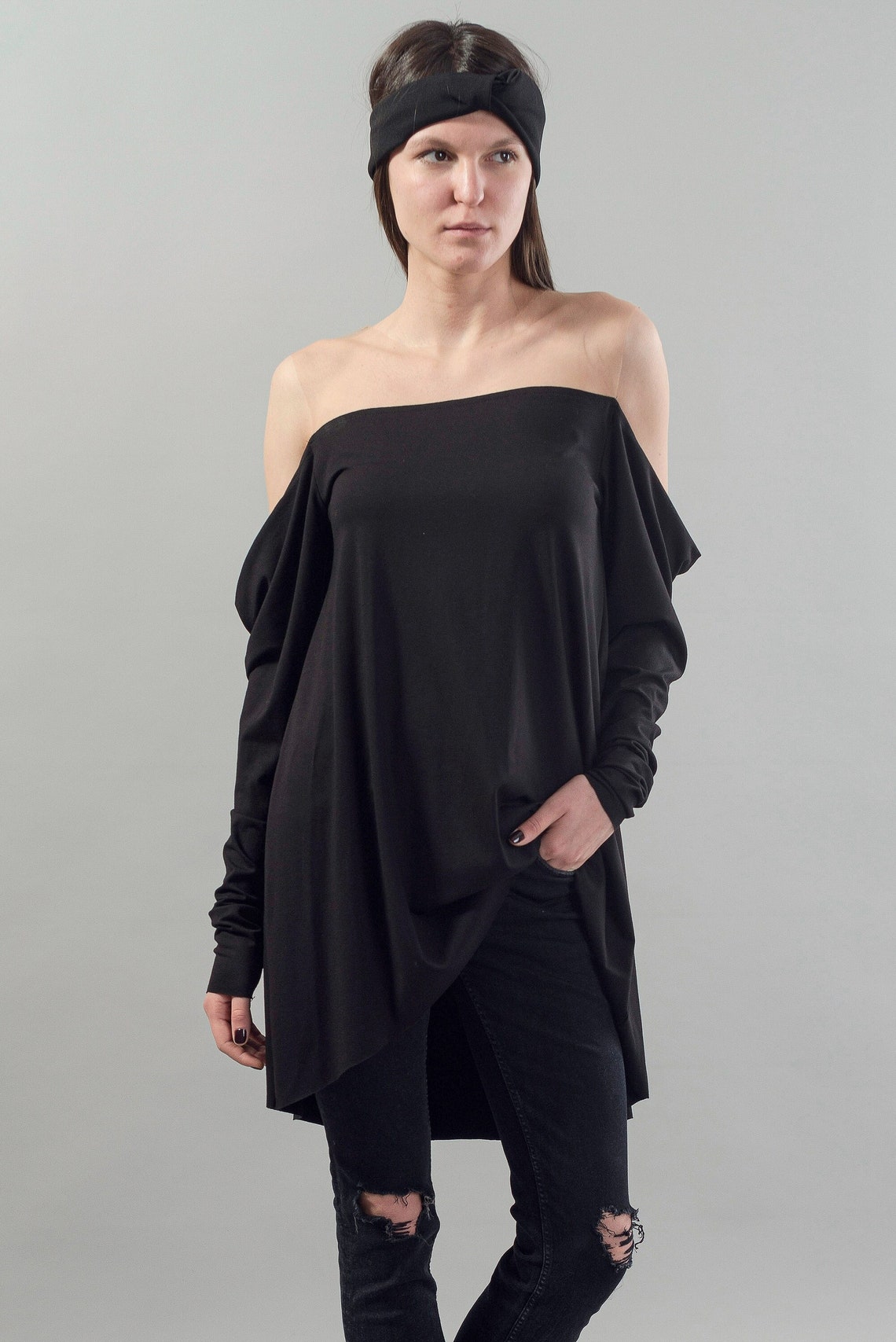 Open Shoulder Top/black Maxi Shirt/jersey Cotton - Etsy