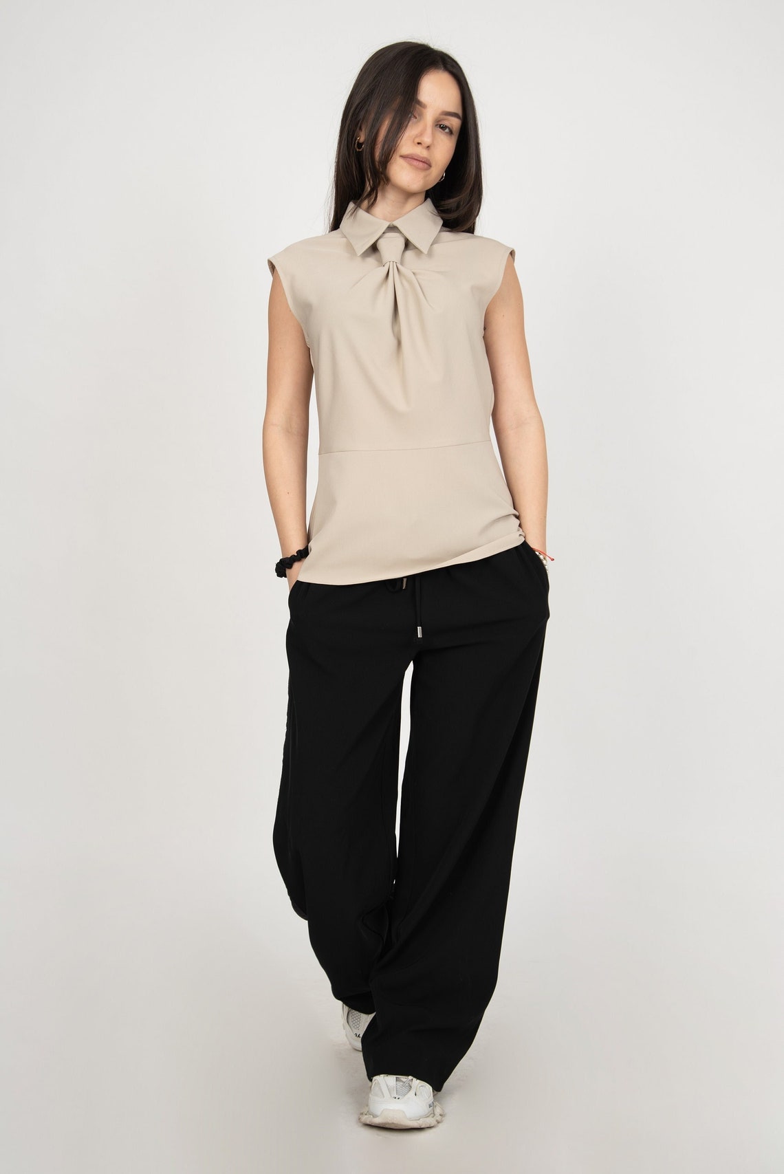 Sleeveless Shirt/handmade Beige Top/smart Shirt/collared Black - Etsy