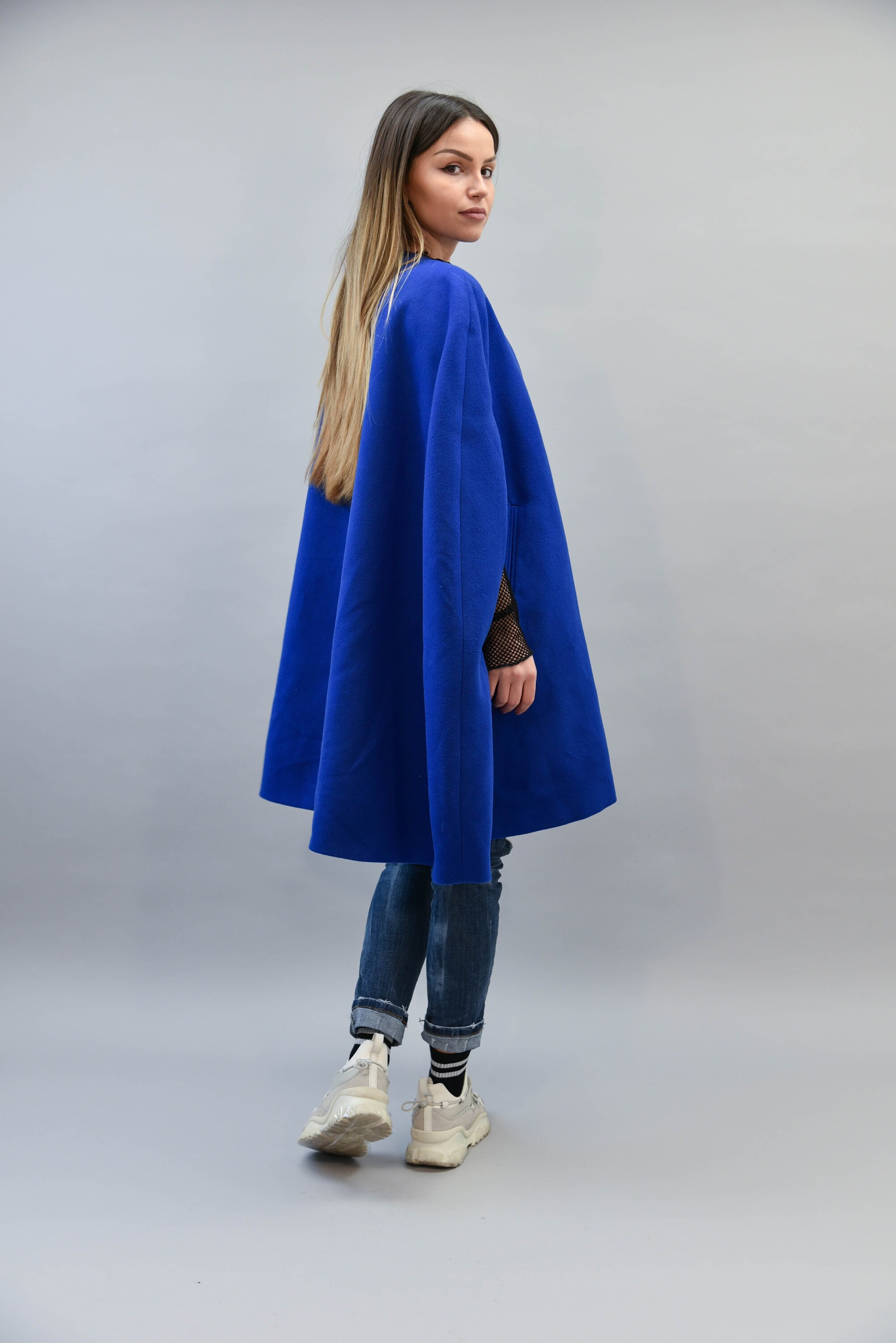 Outspread Cape Coat/cashmere Blend Cape/wool Blue Cape/cape Jacket ...