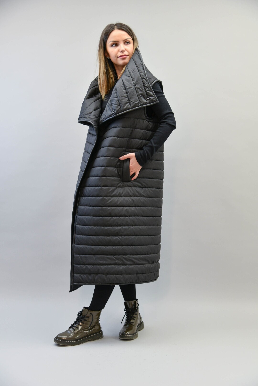 Black Long Quilted Jacket/windproof Jacket/black Extra Warm Jacket/long ...