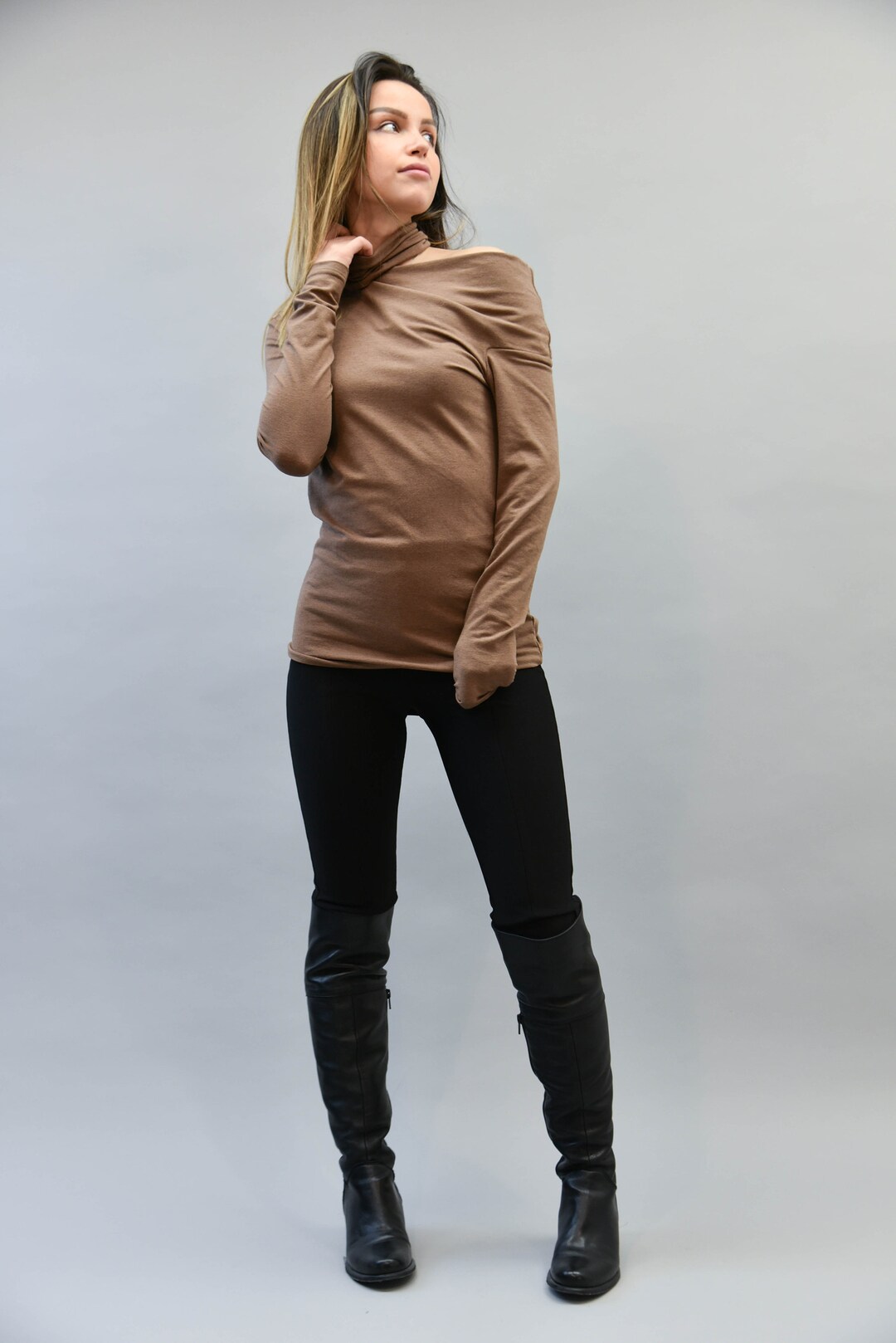 Light Brown off Shoulder Polo Top/open Shoulder Long Sleeve Tunic/top ...