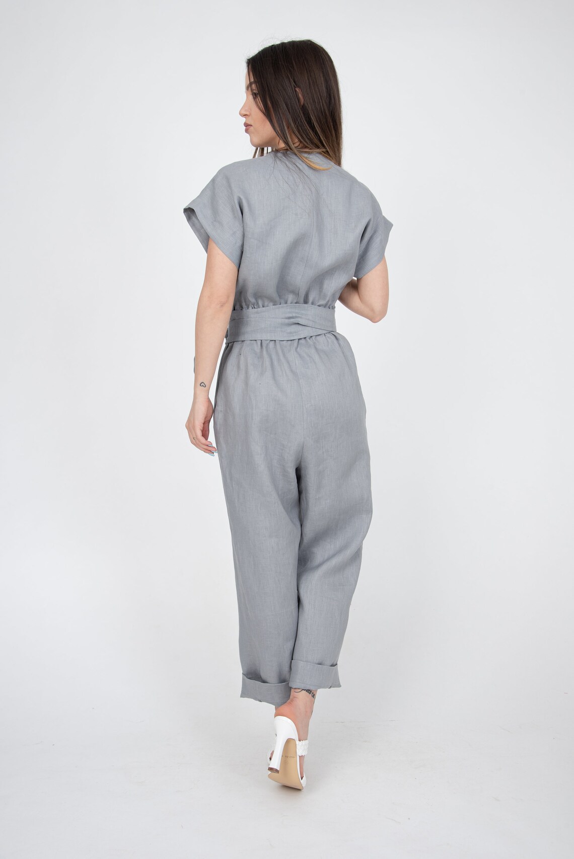 Gray Linen Jumpsuit/loose Linen Jumper/linen Romper/wrap Linen - Etsy