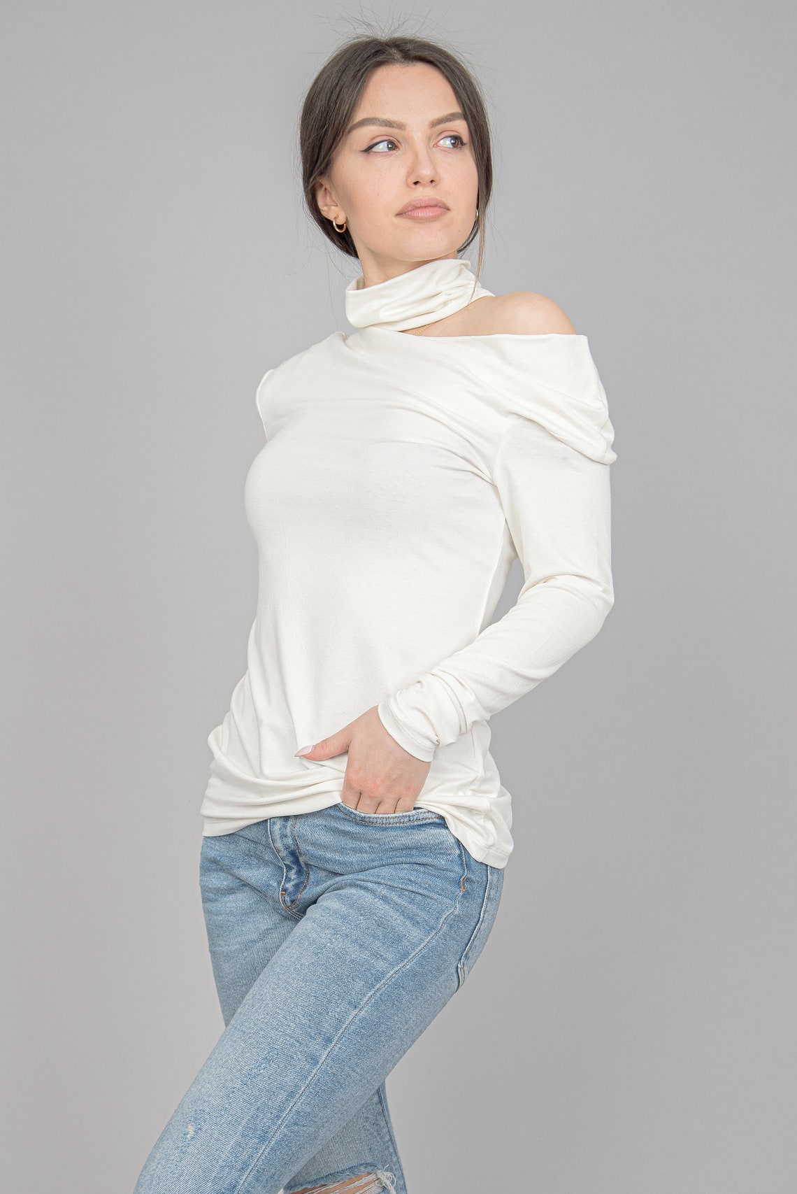 White off Shoulder Polo Top/open Shoulder Long Sleeve - Etsy